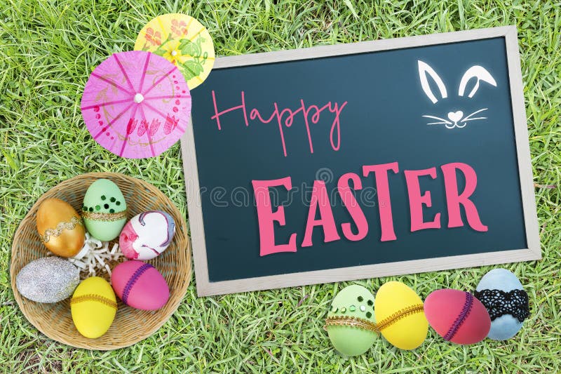 Happy Easter Sign with Colourful Easter Egg on Green Grass Background ...