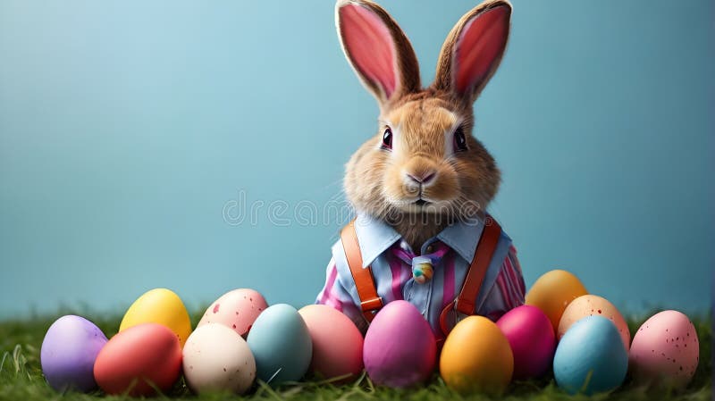 Happy Easter a Smiling Rabbit Plush Toy Surrounded by Eggs in the Grass ...