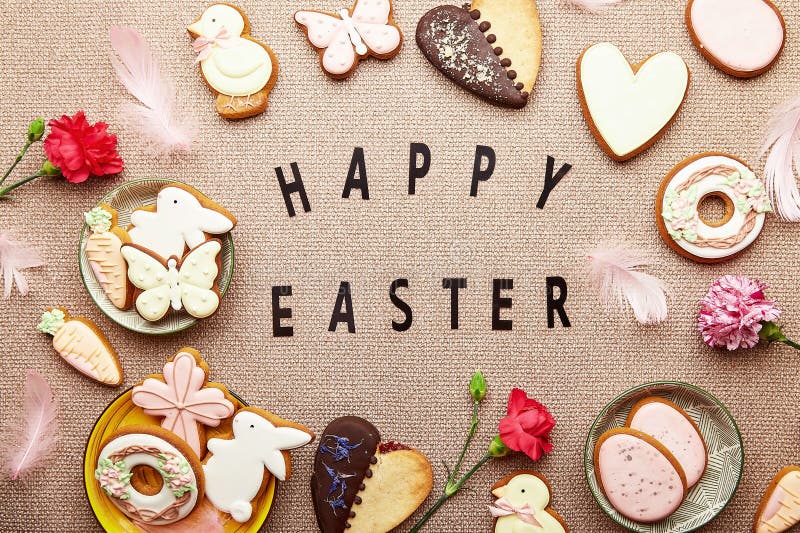 Happy Easter Spring Background with Text. Aesthetic Easter Cookies ...