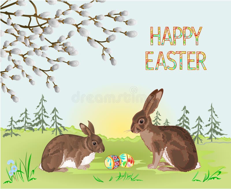 Happy Easter Spring Landscape Forest Easter Wicker and Easter Eggs and ...