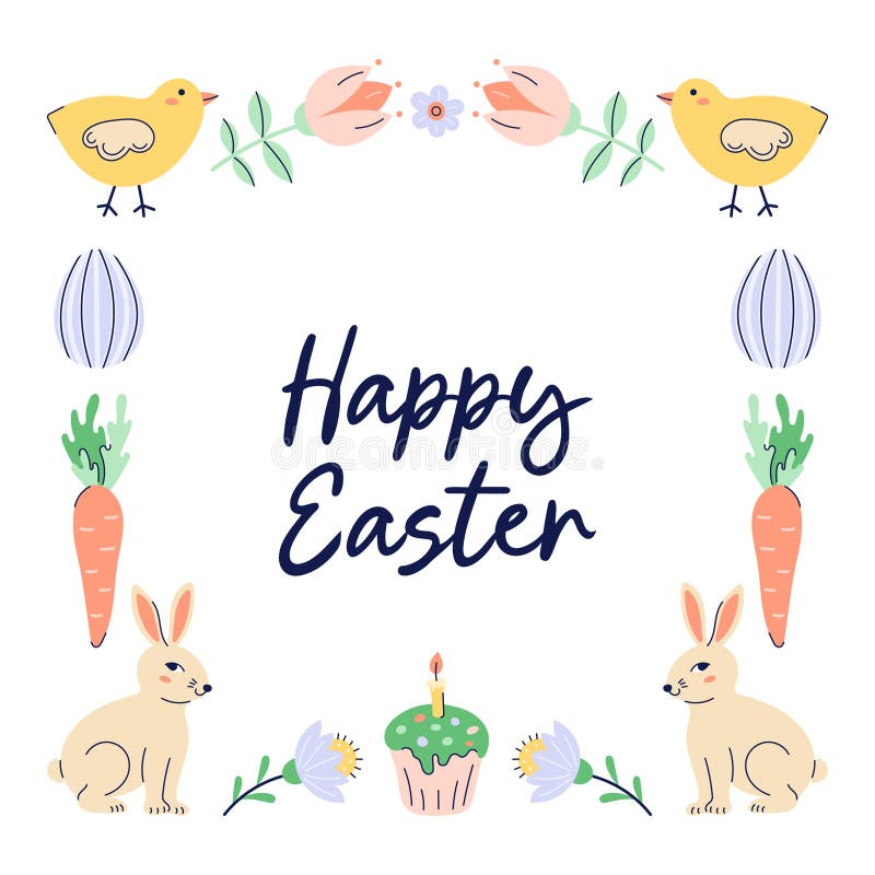 Happy Easter Square Frame with Bunnies, Chickens and Eggs. Happy Easter ...