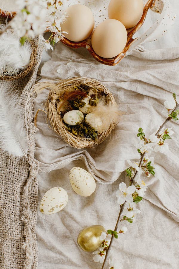 Happy Easter! Stylish Easter Eggs and Blooming Spring Flowers on Rustic ...