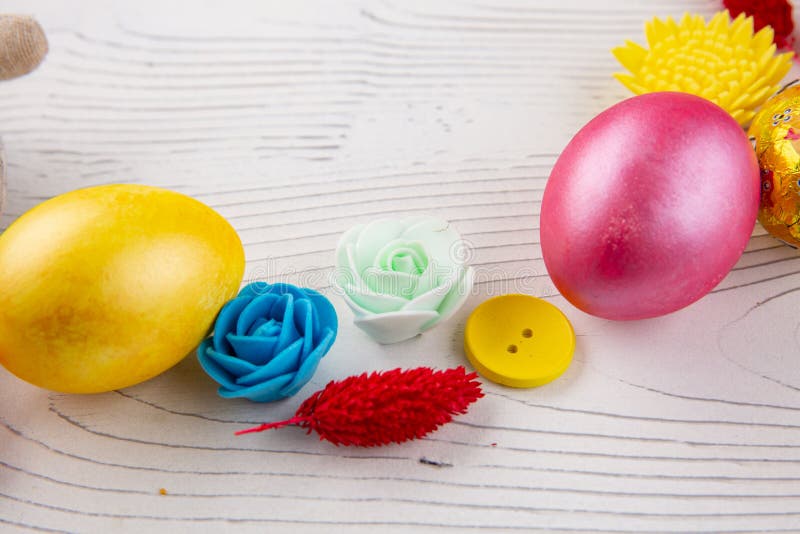Happy Easter Sunday Colorful Easter Eggs, Buttons and Flowers. Easter ...