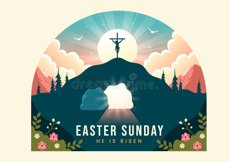 Happy Easter Sunday Vector Illustration of Jesus, he is Risen and ...