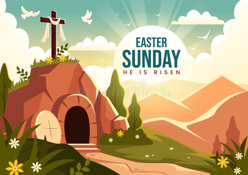 Happy Easter Sunday Vector Illustration of Jesus, he is Risen and ...