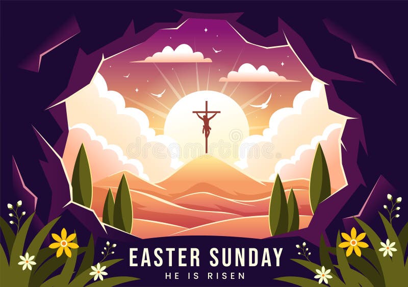 Happy Easter Sunday Vector Illustration of Jesus, he is Risen and ...