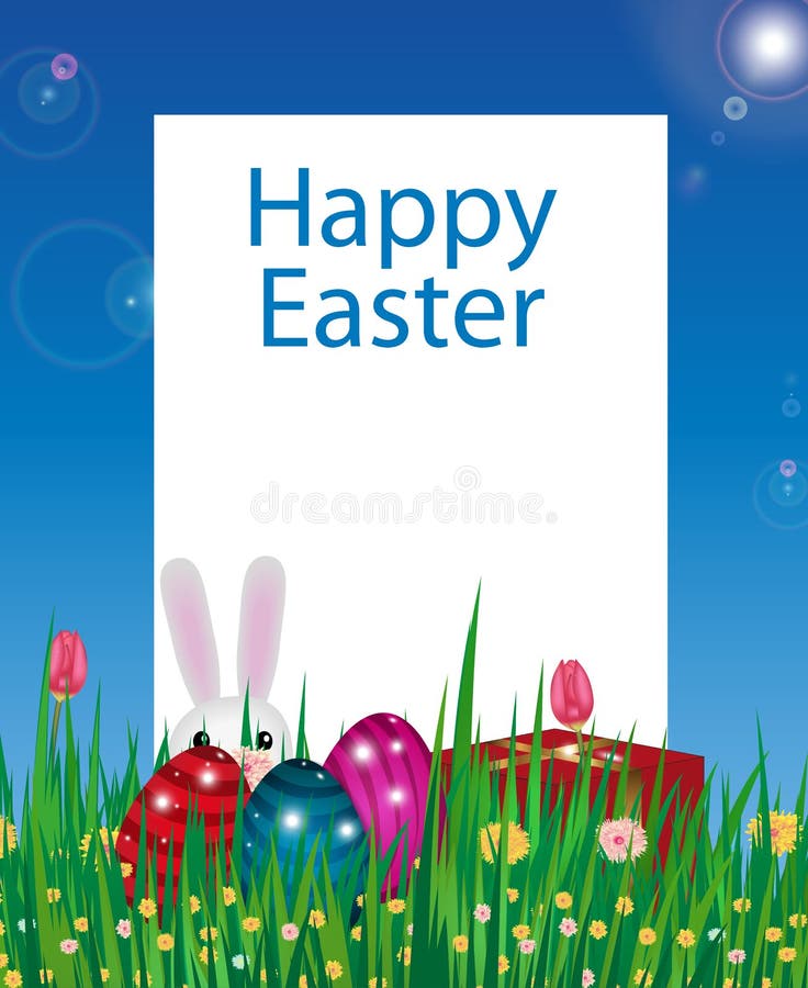 Happy Easter. Template Poster or Card with Eggs, Grass, Flowers Stock ...