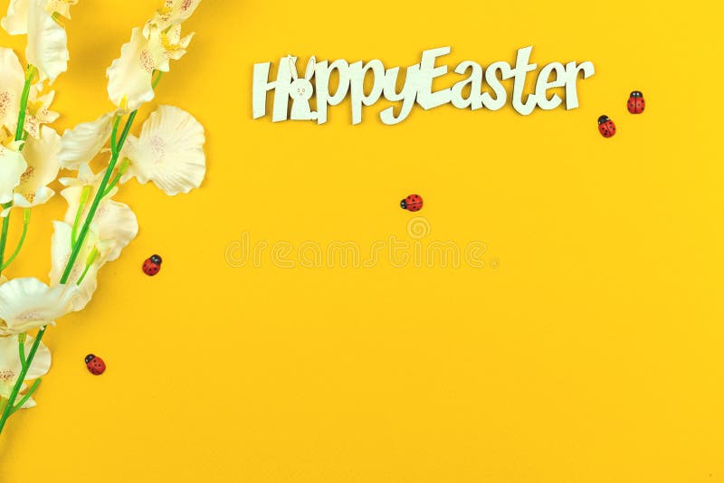 Happy Easter Text Background with Spring Flowers, Copy Space Stock ...