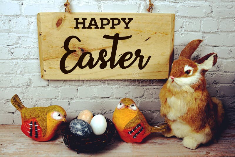 Happy Easter Text with Easter Eggs with Rabbit Doll and Wooden ...