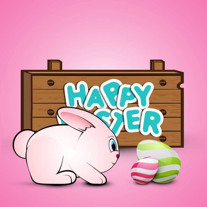 Happy Easter Text Wooden Board with Cute Bunny and Painted Eggs Stock ...