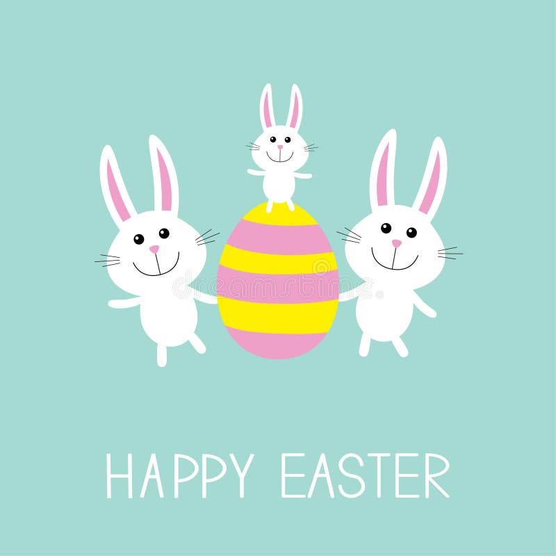 Happy Easter. Three Bunny Rabbit Family and Striped Egg. Flat Design ...
