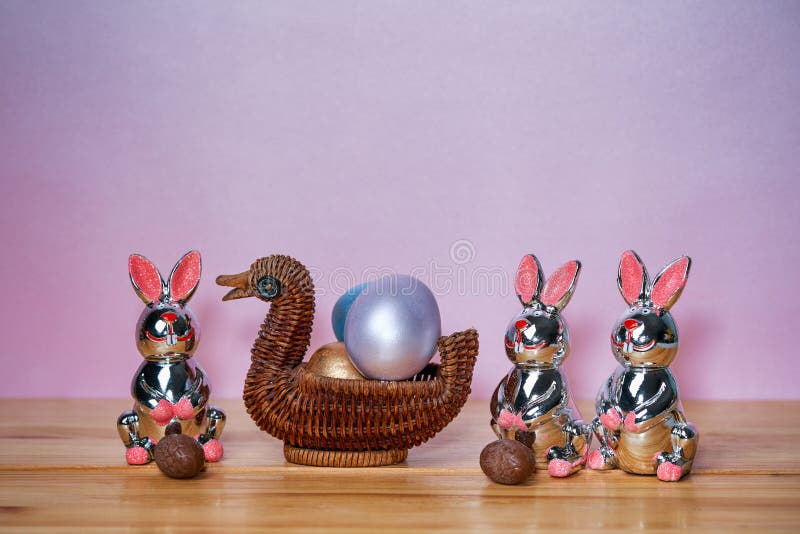 Happy Easter. Toy Hares Next To Easter Eggs Stock Image - Image of ...