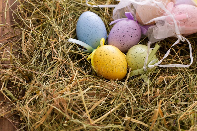 Happy Easter Traditional, Colorful Eggs on the Hay Stock Photo - Image ...