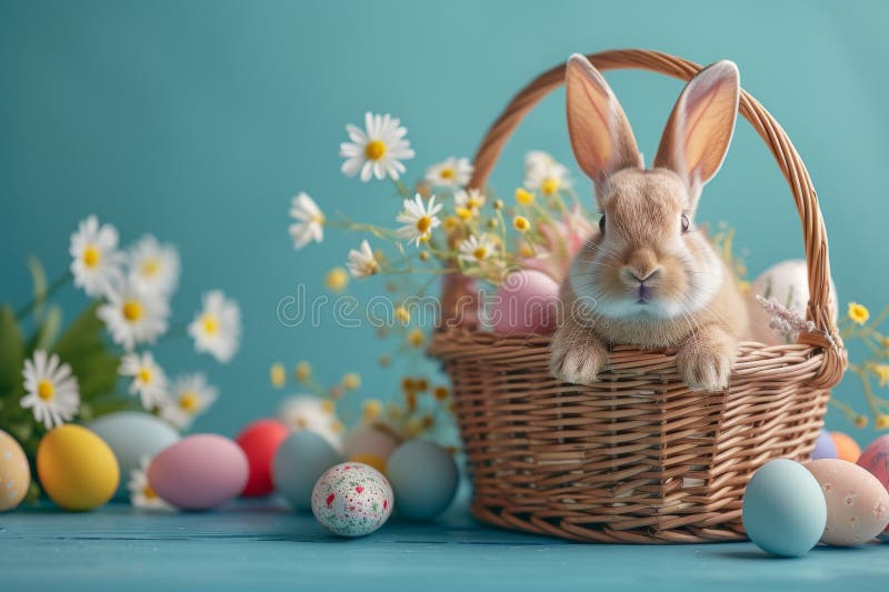 Happy Easter Turquoise Eggs Dependable Basket. White Reflection Bunny ...