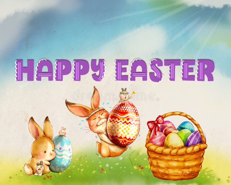 Happy Easter Bunnies with Eggs in Basket Stock Illustration ...