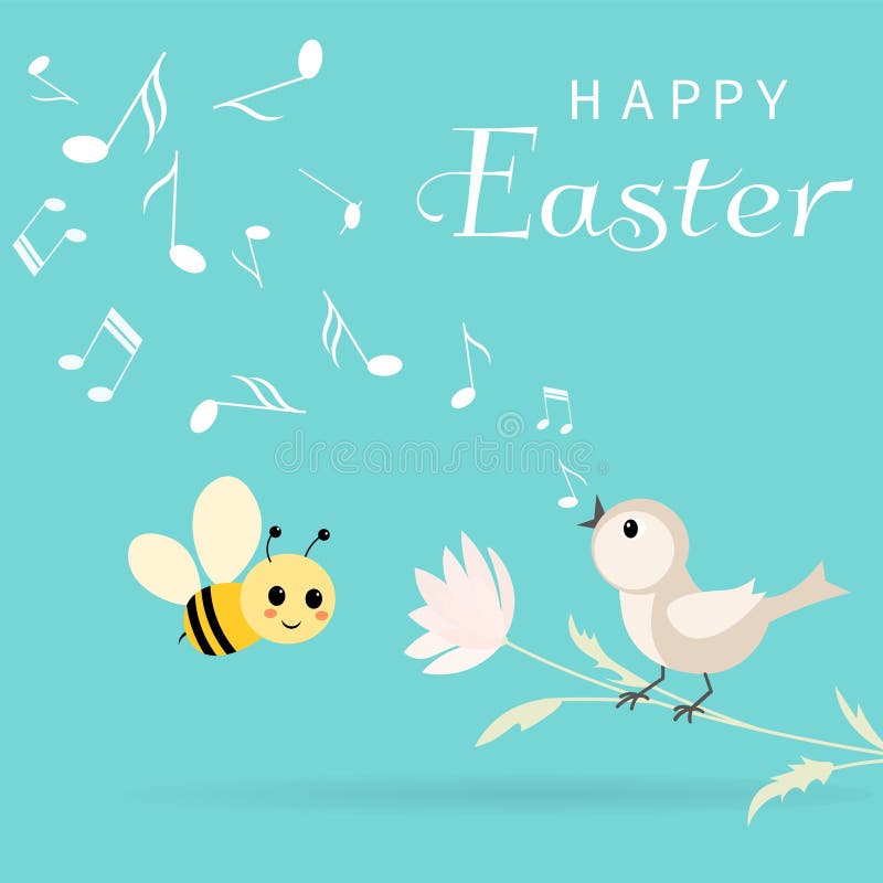 Happy Easter Vector Card. Bee, Flower and Singing Bird. Spring Card ...