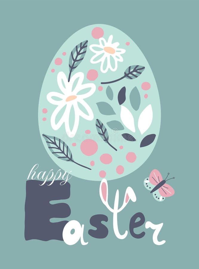 Happy Easter Vector Card with Egg, Flowers, Bunny, Buterfly Stock ...