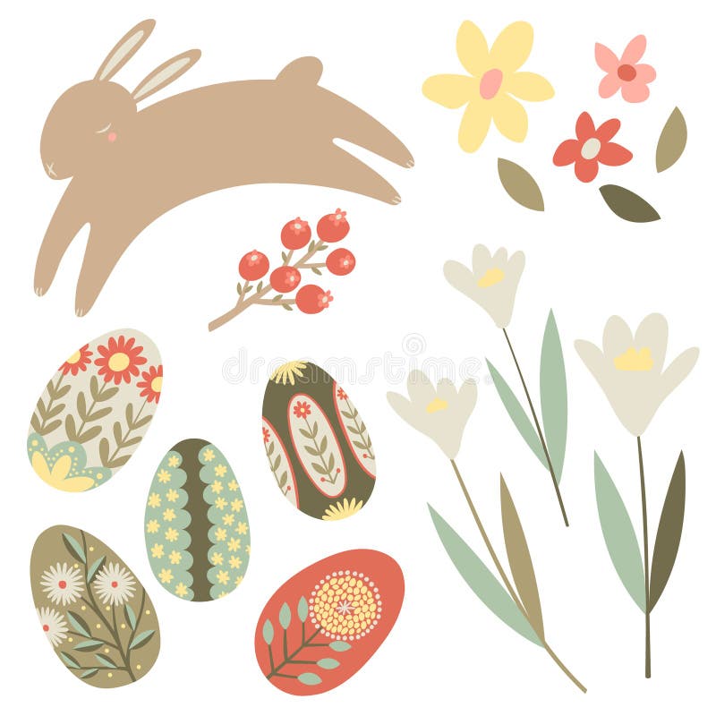 Set of Easter Design Elements. Eggs, Rabbit, Flowers, Branches, Eggs ...