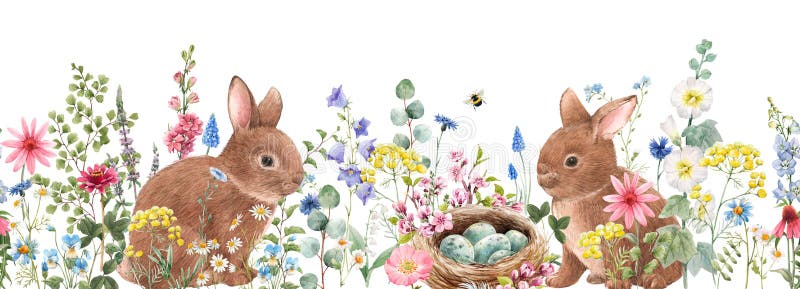 Happy Easter Watercolor Seamless Horizontal Pattern, Border with Cute ...