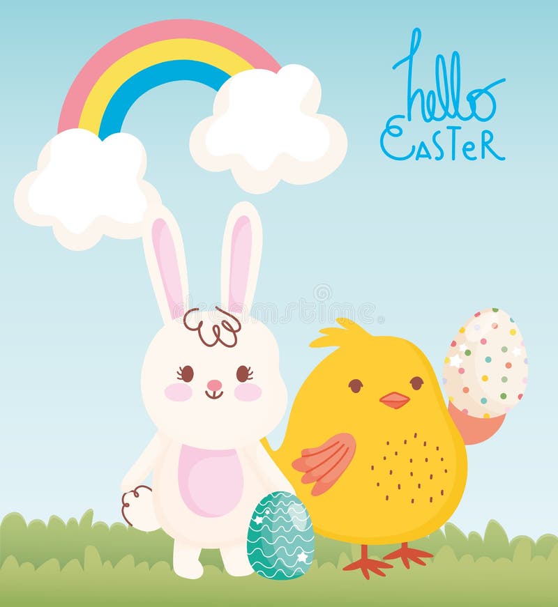 Happy Easter White Bunny Chicken with Eggs Rainbow Clouds Grass Stock ...