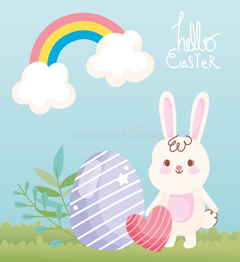 Happy Easter White Rabbit with Heart and Egg Decoration in Grass ...
