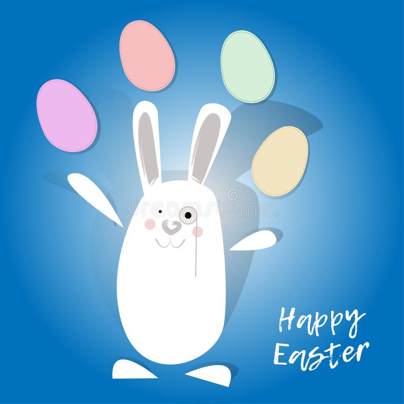 Happy Easter. White Rabbit Juggling Easter Eggs. Blue Background. Stock ...