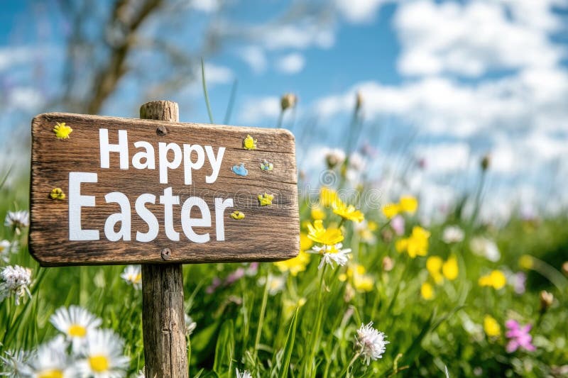 Happy Easter Wooden Sign in Daisy Field Under Blue Sky Stock Photo - Image of festive, greeting ...
