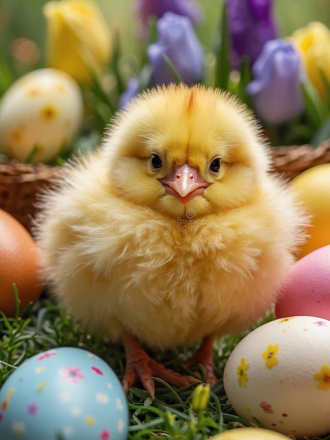 Happy Easter Yellow Chick with Easter Eggs Surrounded by Spring Flowers ...