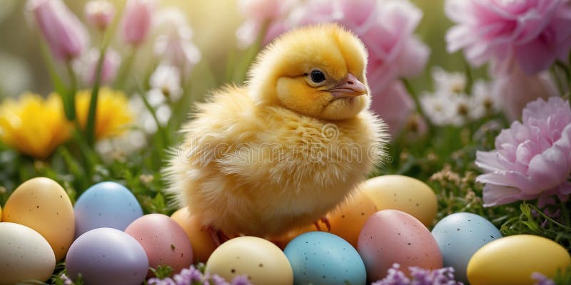 Happy Easter Yellow Chick with Easter Eggs Surrounded by Spring Flowers ...