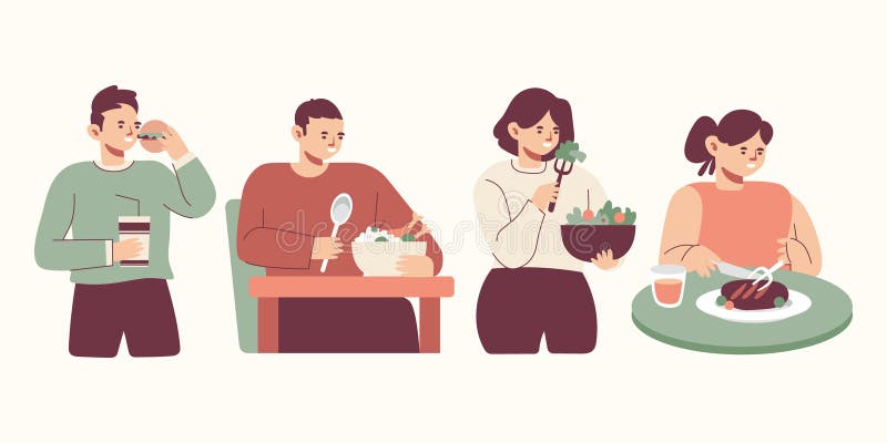 Happy Eating Cartoon Character Set Stock Vector - Illustration of ...