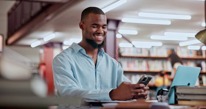 Happy, Education or Black Man in Library with Phone Meme for Learning ...