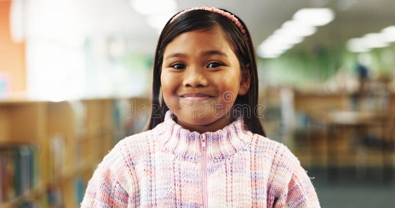 Happy, Education and Portrait of Child in Library for Learning ...
