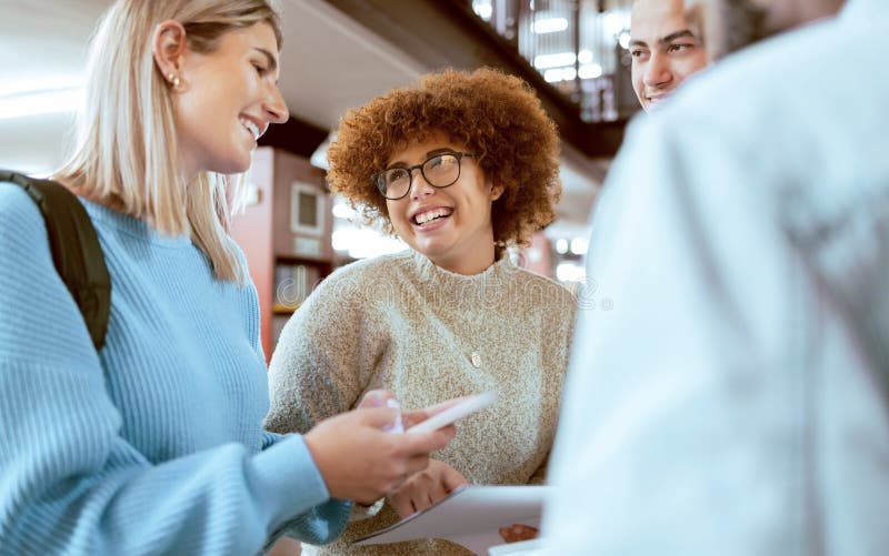 Happy, Education or Students with Phone in Library for Research ...