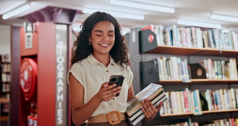 Happy, Education or Woman in Library with Phone for Knowledge or ...