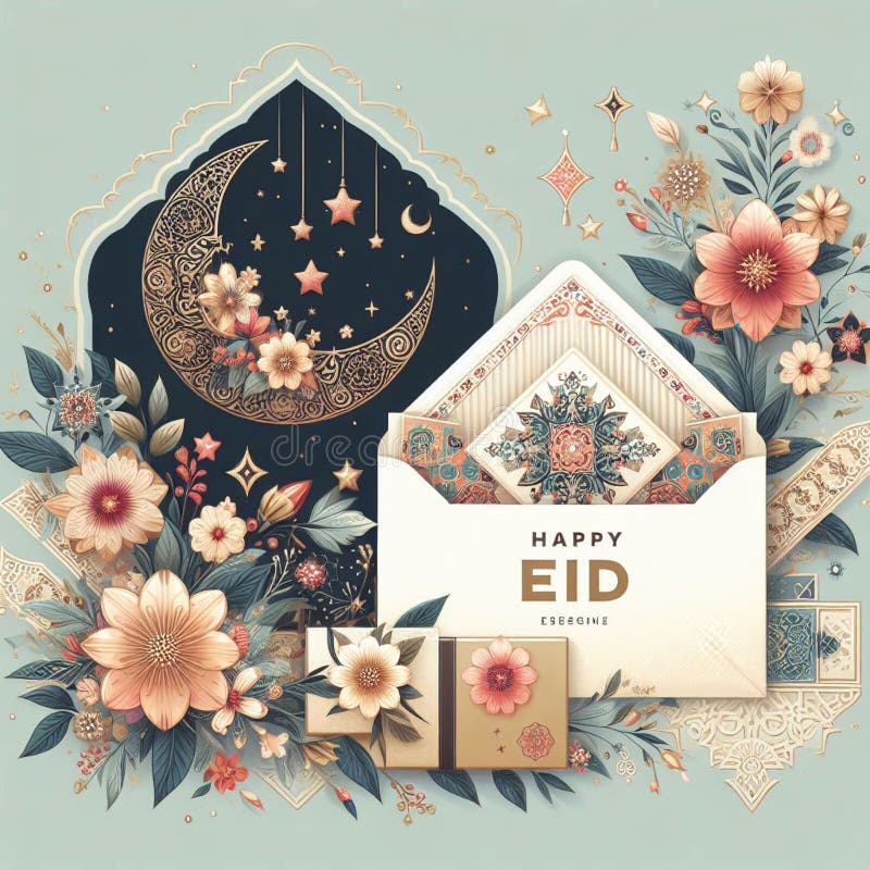 Happy Eid Design with Floral Motifs and Eid Envelopes Stock ...