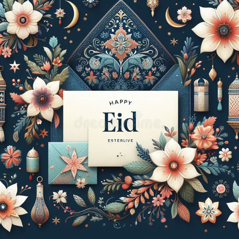 Happy Eid Design with Floral Motifs and Eid Envelopes Stock ...
