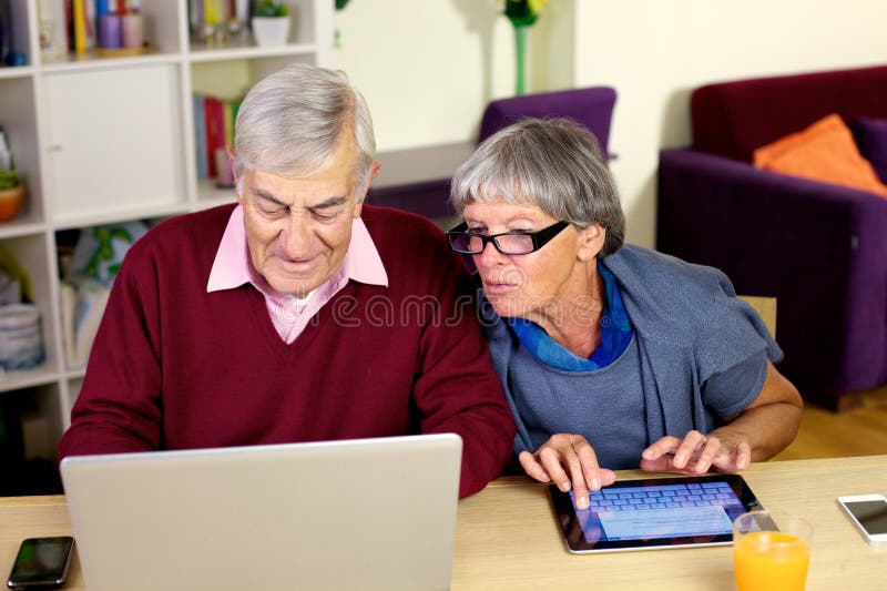 Happy Elder Couple Writing Email To Grandson Stock Photo - Image of ...