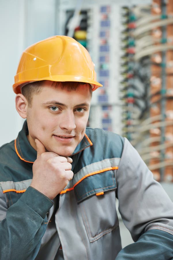 Happy Electrician Working at Power Line Box Stock Photo - Image of ...