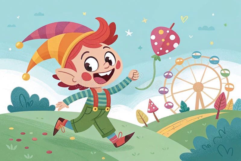 Happy Elf Runs with Balloon at Amusement Park Stock Illustration ...