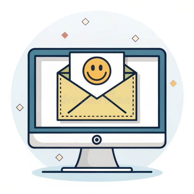 Happy Email on Computer Screen, Isolated on White Background, Vector ...