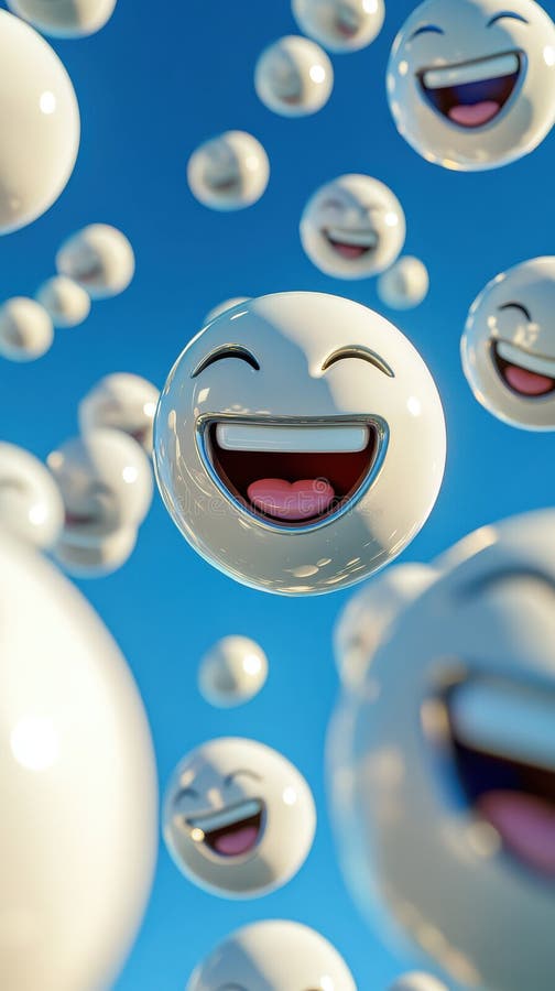 Happy Emoticons Floating in Blue Sky Background for Joyful Design Stock ...