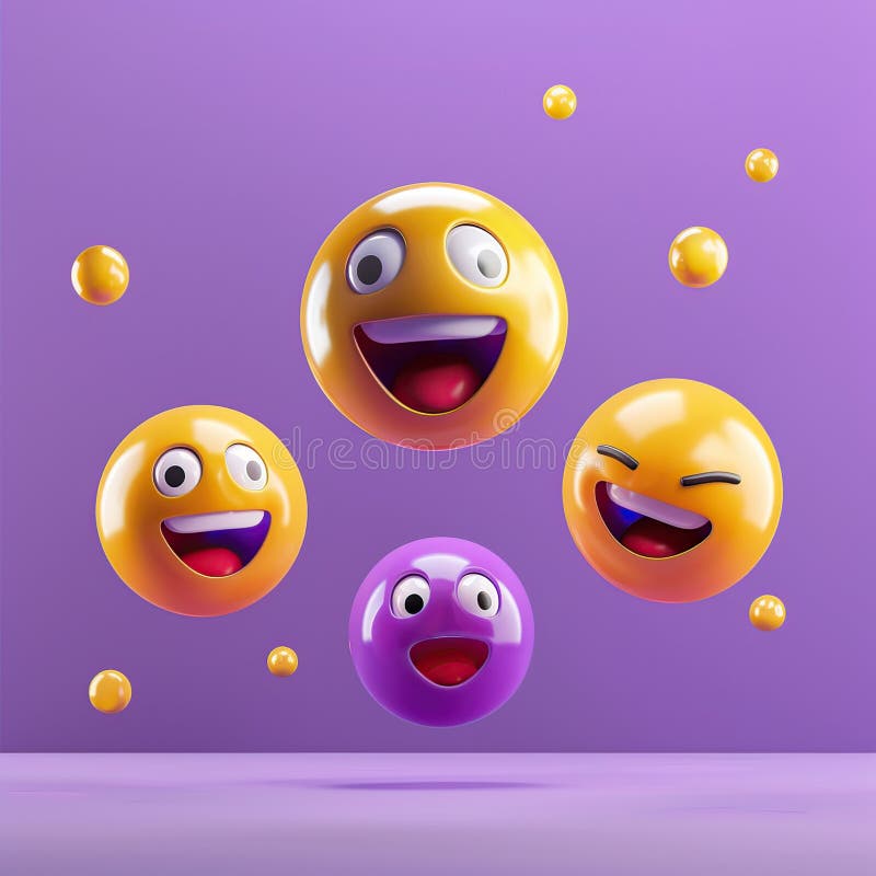 Happy Emoticons Floating on Purple Background Stock Illustration ...