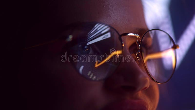 Close Up View of Woman S Eyes in Glasses Looking at Pc Screen with ...