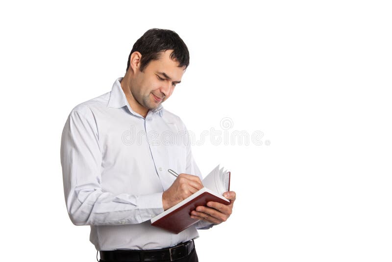 Happy Employee Writes Notes in Notebook Stock Photo - Image of ...
