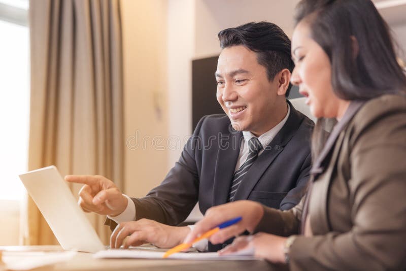 Happy Employees Discussing Potential Business Two Knowledgeable ...