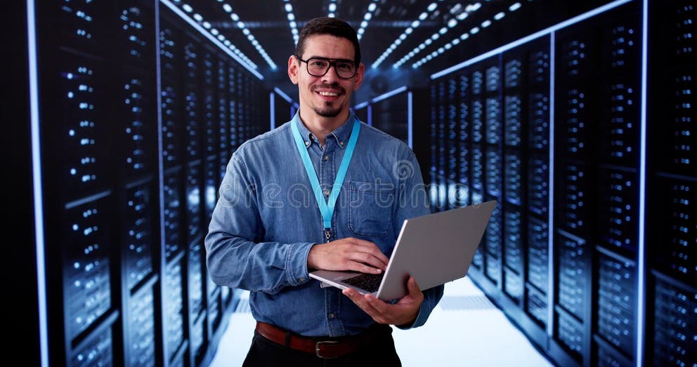 Happy Engineer in Data Center Server Room Configuring AI Stock Image ...