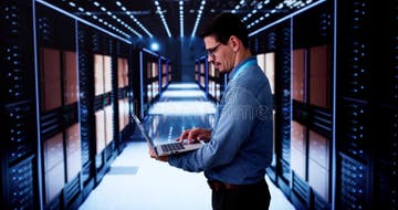 Happy Engineer in Data Center Server Room Configuring AI Stock Image ...