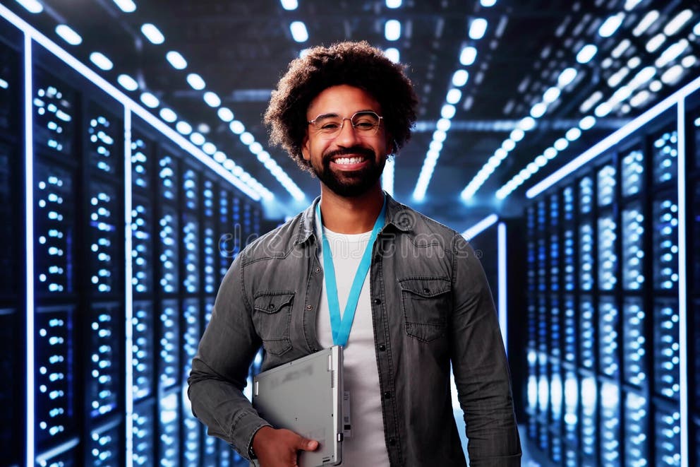 Happy Engineer in Data Center Server Room Configuring AI Stock Photo - Image of cloud, male ...