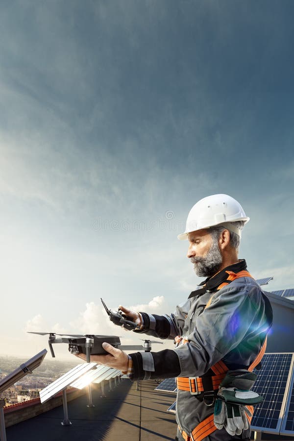Happy Engineer Using Drone and Vr Helmet for Cheking Solar Station. in ...