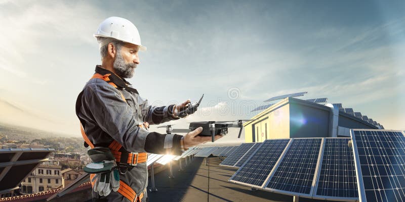 Happy Engineer Using Drone for Cheking Solar Station. in Roof Stock ...